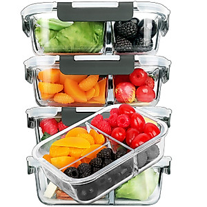 M MCIRCO [5-Pack, 36 oz] Glass Meal Prep Containers 3 Compartment with Lids, Glass Lunch Containers,Food Prep Lunch Box,Bento Box,BPA-Free, Microwave, Oven, Freezer, Dishwasher (4.5 Cups)