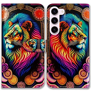 Bcov Galaxy S23 FE Case,Colorful Lion Mandala Flower Leather Flip Phone Case Wallet Cover with Card Slot Holder Kickstand for Samsung Galaxy S23 FE