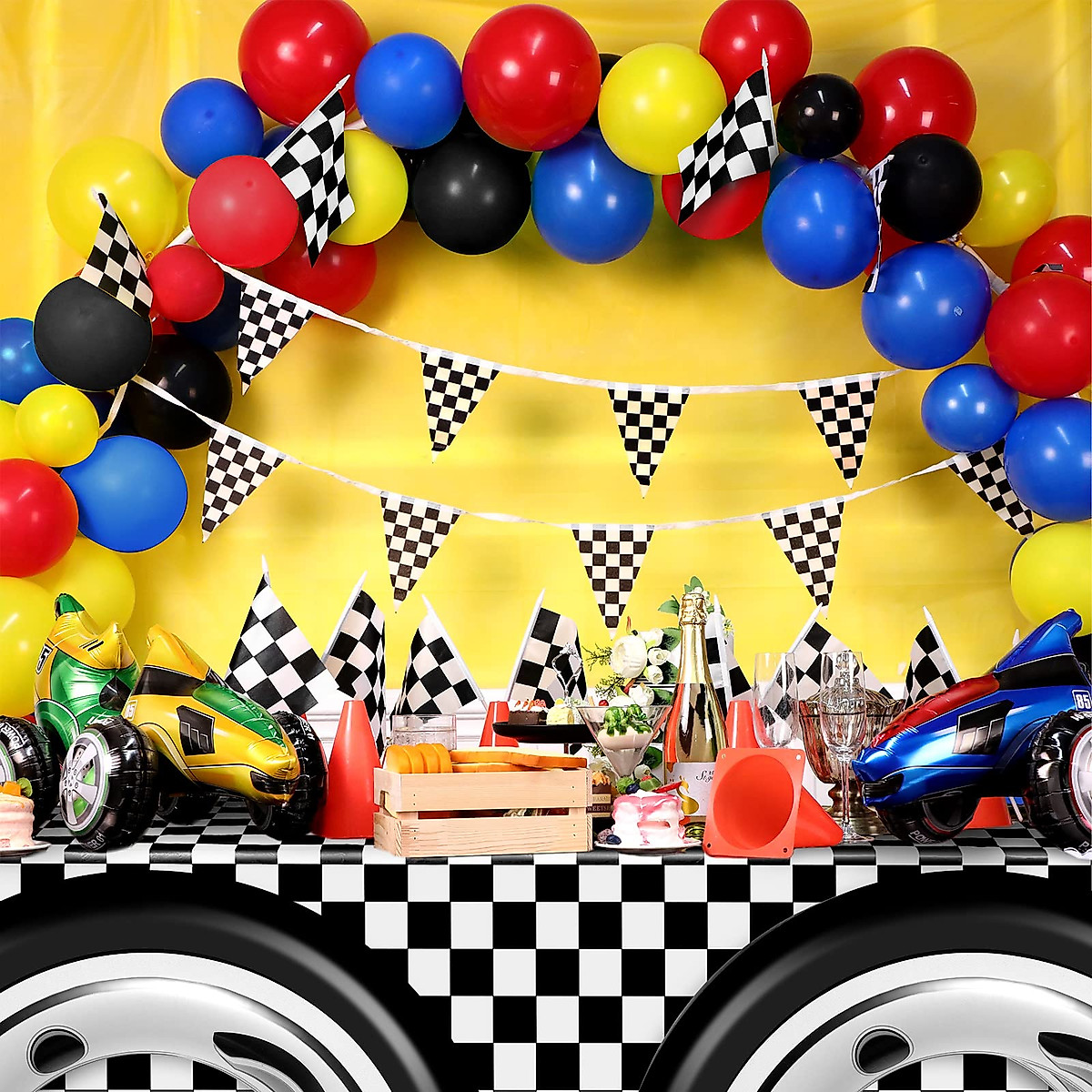 24 Pieces Race Car Party Supplies Include Traffic Cones Checkered Flag Race Flags Checkered Tablecloth Race Track Running Mat and Tire Tube Swimming Ring for Car Themed Birthday Party Decorations