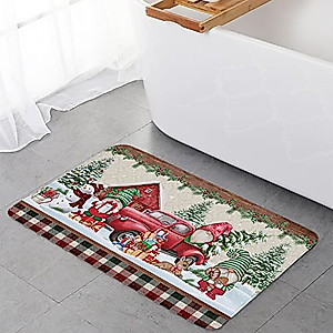 Kitchen Mat Rug Set of 2 Christmas Farmhouse Elk Gnome Truck Red Green Plaid Runner Rug Anti-Fatigue Comfort Memory Foam Standing Mat Non-Slip Floor Door Mat for Bathroom Bedroom 16x24n+16x47in