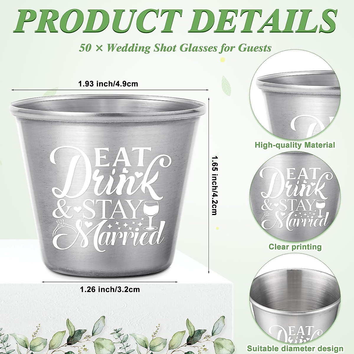 Uiifan 50 Sets Wedding Party Favors for Guests Eat Drink and Stay Married Stainless Steel Shot Glasses Metal Cups Cards with Wedding Thank You Cards and Organza Bags Wedding Souvenirs Bridal Shower