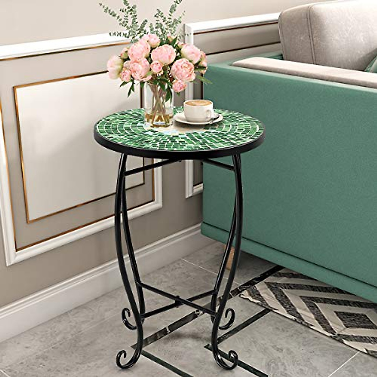 GRAFFY Outdoor Mosaic Side Table, 14 Inch Patio End Table, Round Printed Glass Table with Steel Frame for Garden/Yard/Lawn/Balcony and Home Decor Small End Table (Green)