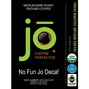 NO FUN JO DECAF: 12 oz, Organic Decaf Ground Coffee, Swiss Water Process, Fair Trade Certified, Medium Dark Roast, 100% Arabica Coffee, USDA Certified Organic, NON-GMO, Chemical & Gluten Free