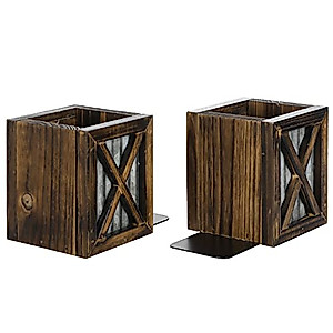 MyGift Rustic Burnt Wood Decorative Bookends, Wooden and Galvanized Metal Desktop Book Stands with Pen Holder Pencil Cup Stationery Storage Bins, 1 Pair