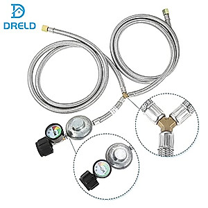 5 Feet Y-Splitter Stainless Braided Hose to 3/8" Female Flare Fitting, Low Pressure Propane Regulator Adapter with Tank Gauge Level Indicator, for LPG Gas Grill, Heaters, Fire Pit Table