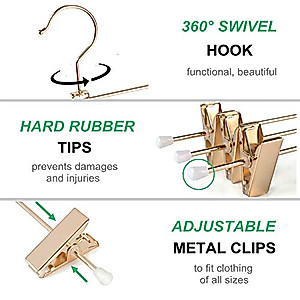 Amber Home 12 Inch Real Rose Gold Metal Pants Skirts Hangers 12 Pack, Sturdy for Slacks Trousers with 2 Adjustable Non Slip Clips and Swivel Hook (12 Pack)