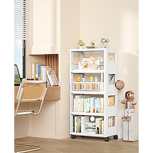 Rolling Storage Cart with Wheels - 5 Tier Multifunctional Utility Cart, Laundry Room Organization, Plastic Bathroom Storage Shelf, Mobile Shelving Units for Kitchen Living Room Study Dresser, White