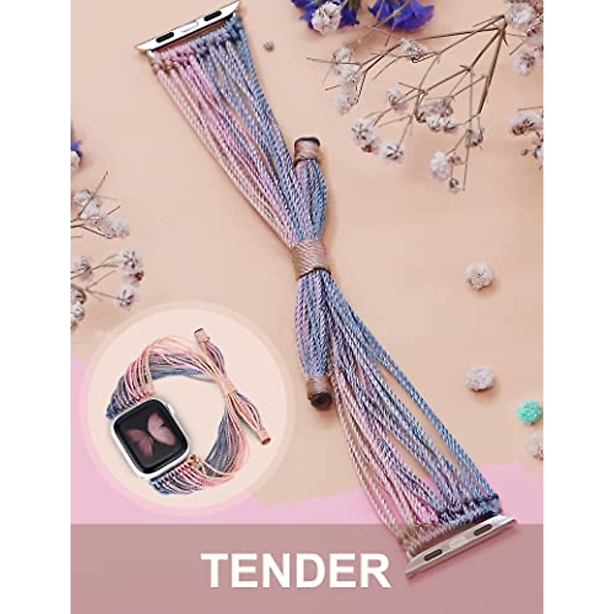 JR.DM Boho Watch Band, Compatible with Apple Watch Band 8/SE/7/6/5/4/3/2/1 38mm 40mm 41mm for Girls Women 40mm-Women-Band Christmas Gift, Handmade Bracelets Hippie String Art (Afterglow)