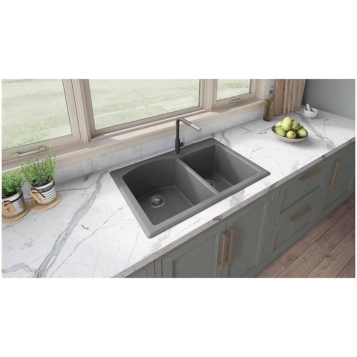 Ruvati 33 x 22 inch Drop-in Topmount Granite Composite Double Bowl Kitchen Sink - Midnight Black - RVG1344BK