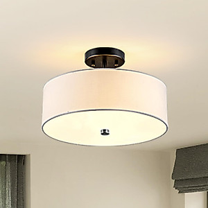 3-Light Semi Flush Mount Ceiling Light Fixture, 13" Black Drum Light, Modern Close to Ceiling Light with White Fabric Shade Lamps for Bedroom Living Dining Room Kitchen Hallway Entryway