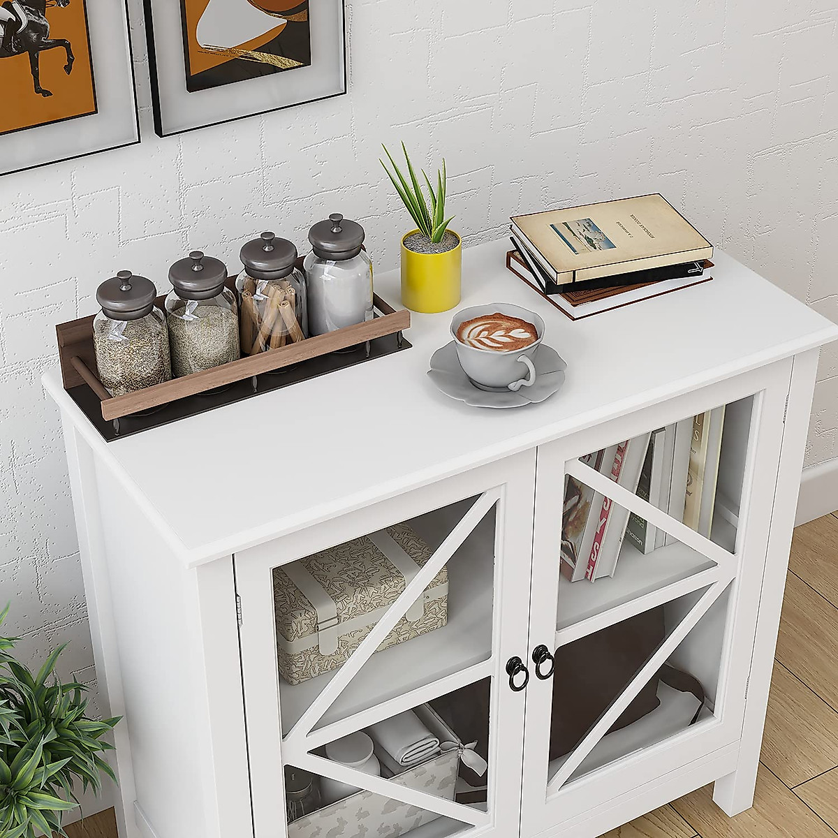 RASOO Sideboard Cabinet with Glass Doors - Buffet Storage for Home, Kitchen, Dining Room - Cupboard Console Table, Espresso (White)