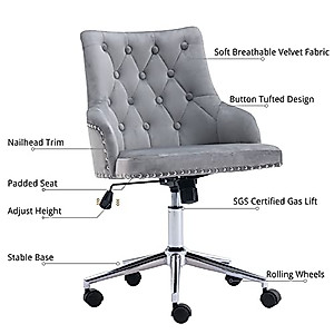 Home Office Chair Swivel Accent Armchair Velvet Upholstered Tufted Chairs Mid Back Ergonomic Study Task Seat Morden Computer Desk Stools w/Nailhead Trim for Living Room Bedroom (Grey)