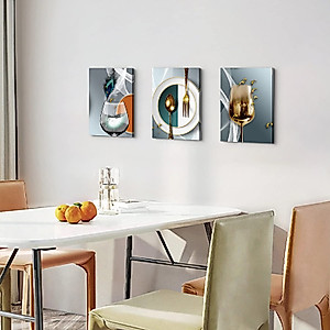 Canvas Wall Art for Dining Room Kitchen Wall Decor Teal Gold Wine Glass Pictures Abstract Wine Cups Paintings Geometric Kitchenware Posters Modern Home Decorations Family Bar Pub Artwork 12x16" 3 Pcs