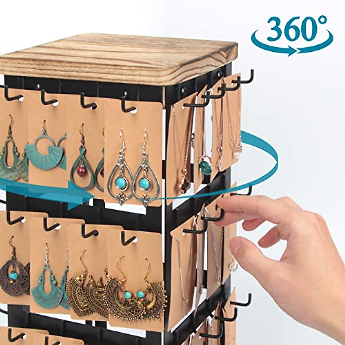 J JACKCUBE DESIGN 3 Tier 360 Rotating Black Metal Earring Holder Organizer, Jewelry Display Rack, Vintage Farmhouse Style Stand for Necklaces, Piercings with 48 Hooks and Wood Tray Shelf -MK1073A