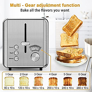 Toaster 2 slice whall Stainless Steel Toasters with Bagel,Cancel,Defrost Function,Removable Crumb Tray,1.5in Wide Slot,6 Bread Shade Settings,for Various Bread Types (850W)