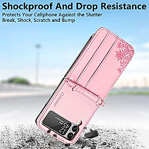 Cabottser Case for Samsung Galaxy Z Flip 3 / Z Flip 4 Wallet Phone Case Lanyard Crossbody, Pink Women Men Soft PU Leather Hard PC Adjustable Strap Card Slots Shockproof Flip Cover for Z Flip 3/4