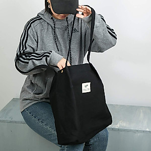 Canvas Tote Bag for Women Washable Reusable Carry Shoulder Bag With Inner Pocket (Black)