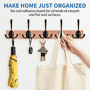 Coat Rack Wall Mounted, Entryway Wall Clothes Rack Hooks with 5 Heavy Duty Metal Three Hooks, Wooden Coat Hooks Wall Mount with 2 Mounting Types for Hanging Jacket, Backpack, Towel, Keyholder, Hats