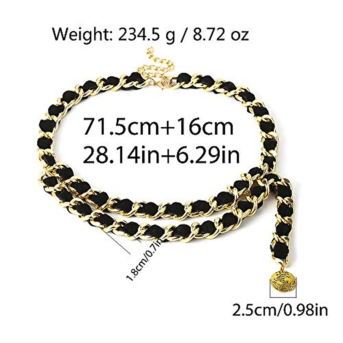 Jurxy Alloy Waist Chain Body Chain Weave Rope Winding Twist Chain for Women Waist Belt Pendant Belly Chain Adjustable Body Harness for Jeans Dresses - S size – Black and Gold
