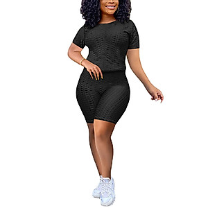 Angsuttc Summer Outfits for Women, Textured Track Suits Short Sleeve Tops Biker Shorts Two Piece Workout Set Black L