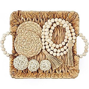 Decorative Tray Square Woven Storage Baskets with Wood Bead Handles Boho Coffee Table Decor Hand-Woven Wicker Serving Tray for Coffee/Fruit