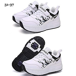UGUHU Shoe with Wheels Retractable Skateboarding Outdoor Roller Skate Shoes Wheels Shoes Cross Trainers Sneakers for Boys Girls,WhiteDoubleWheel-32