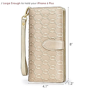 FOXER Leather Wallets for Women, Leather Gift Box Packing Chain Pattern Ladies Clutch Purses with Wristband Women's Trifold Long Wallets Womens Zip Around Wallets Credit Card Holders (Gold)