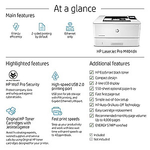 HP Laserjet Pro M404dn Wired Monochrome Laser Printer with Built-in Ethernet, White - Print only - 2-line LCD, 40 ppm, 1200 x 1200 dpi, Auto 2-Sided Printing, 8.5 x 14