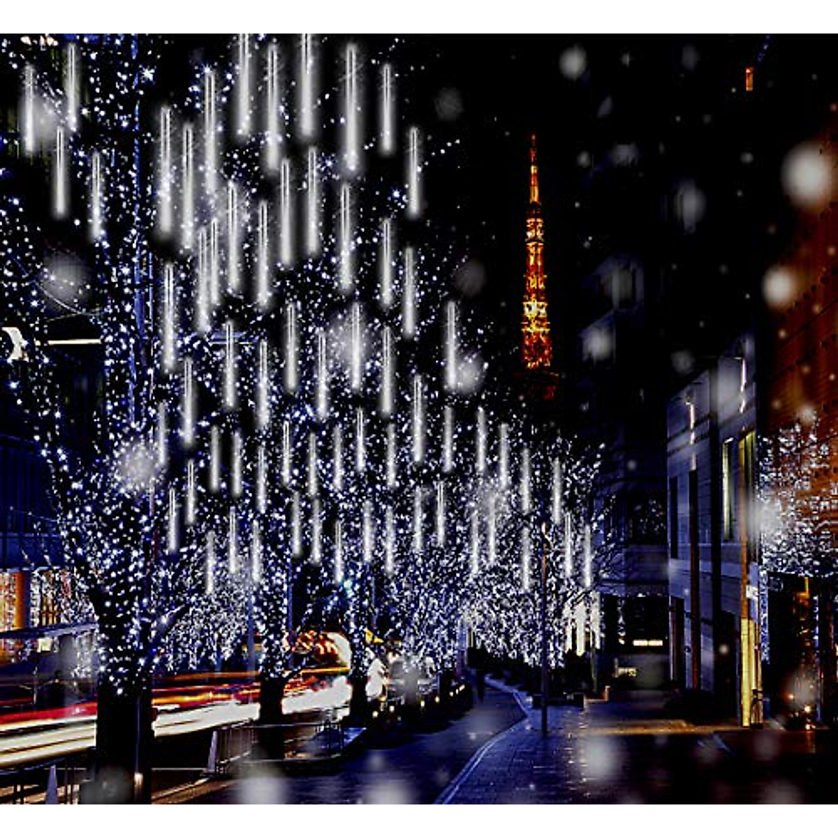 Kwaiffeo Meteor Shower Lights, Christmas Tree Lights Outdoor 12 inch 8 Tube 192 LED Falling Snow Cascading Icicle String Lights for Christmas Decoration Wedding Party Holiday Window Eave, White