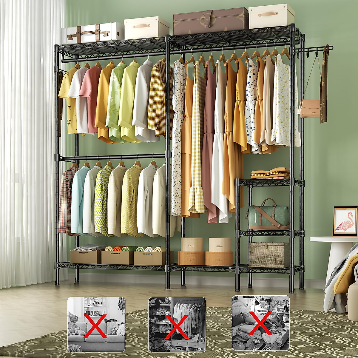 Heavy Duty Clothes Rack Clothing Rack for Hanging Clothes,Large Metal Garment Rack with 4 Tiers Adjustable Wire Shelves&3 Hanger Rods&2 Hooks,Freestanding Closet Wardrobe System,MaxLoad 800lbs