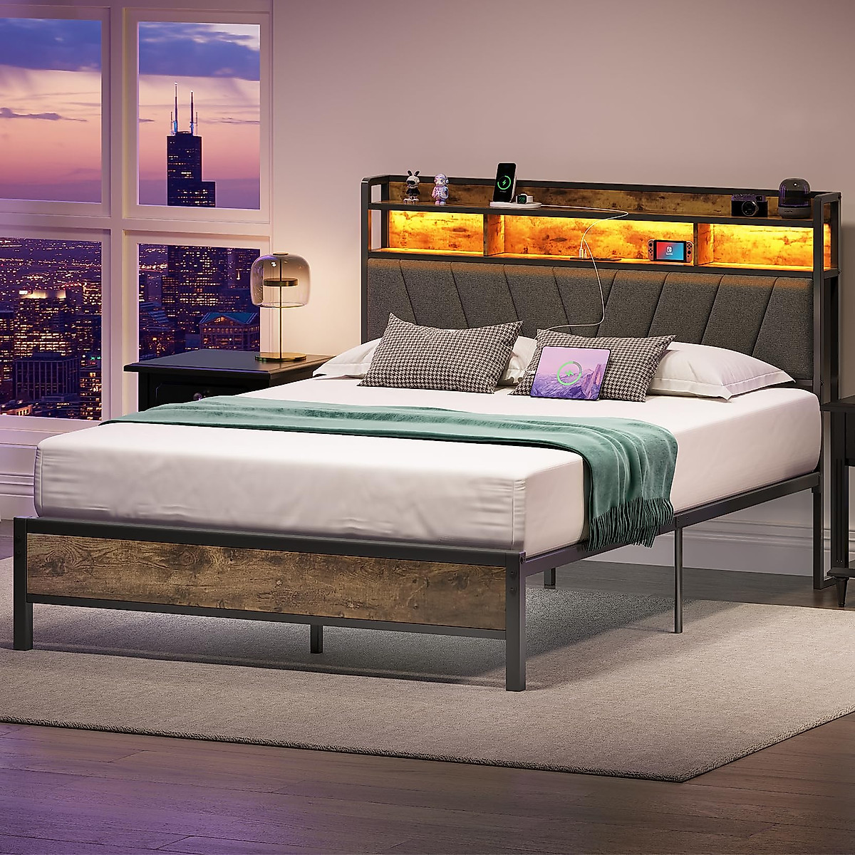 Welzona Queen Bed Frames, Metal Bed Frames with Charging Station, LED Lights Bed Frames with Upholstered Storage Headboard, Sturdy and Noise-Free, Storage Space Under Bed, No Box Spring Needed, Brown