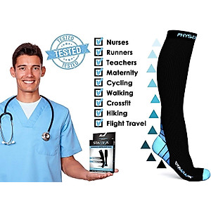 Physix Gear Sport 3 Pairs of Compression Socks for Men & Women in (Black/Green + Black/Orange + Black/Blue) XXL Size