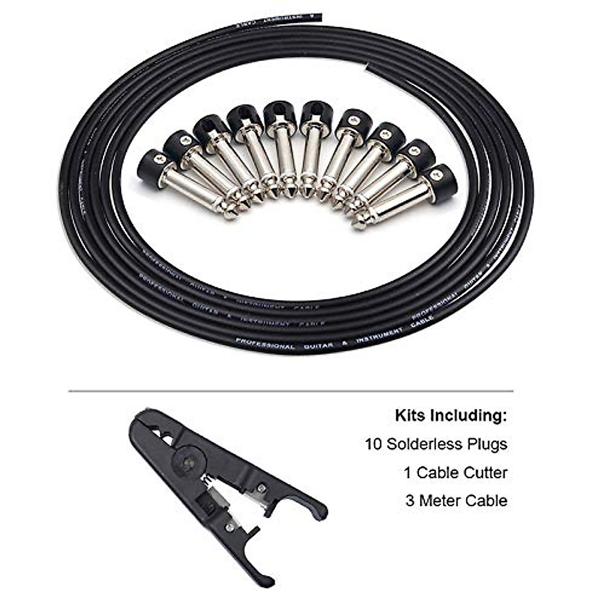 Solderless Connections Design Guitar Cable DIY Guitar Pedal Patch Cable kit 10 Solderless Black Cap Plug 3 Meter Cable and Cutter
