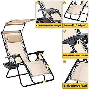FDW 2 PCS Zero Gravity Chair Lounge Chairs Patio Chairs with Canopy Cup Holder for Outdoor Patio Seaside (Tan)