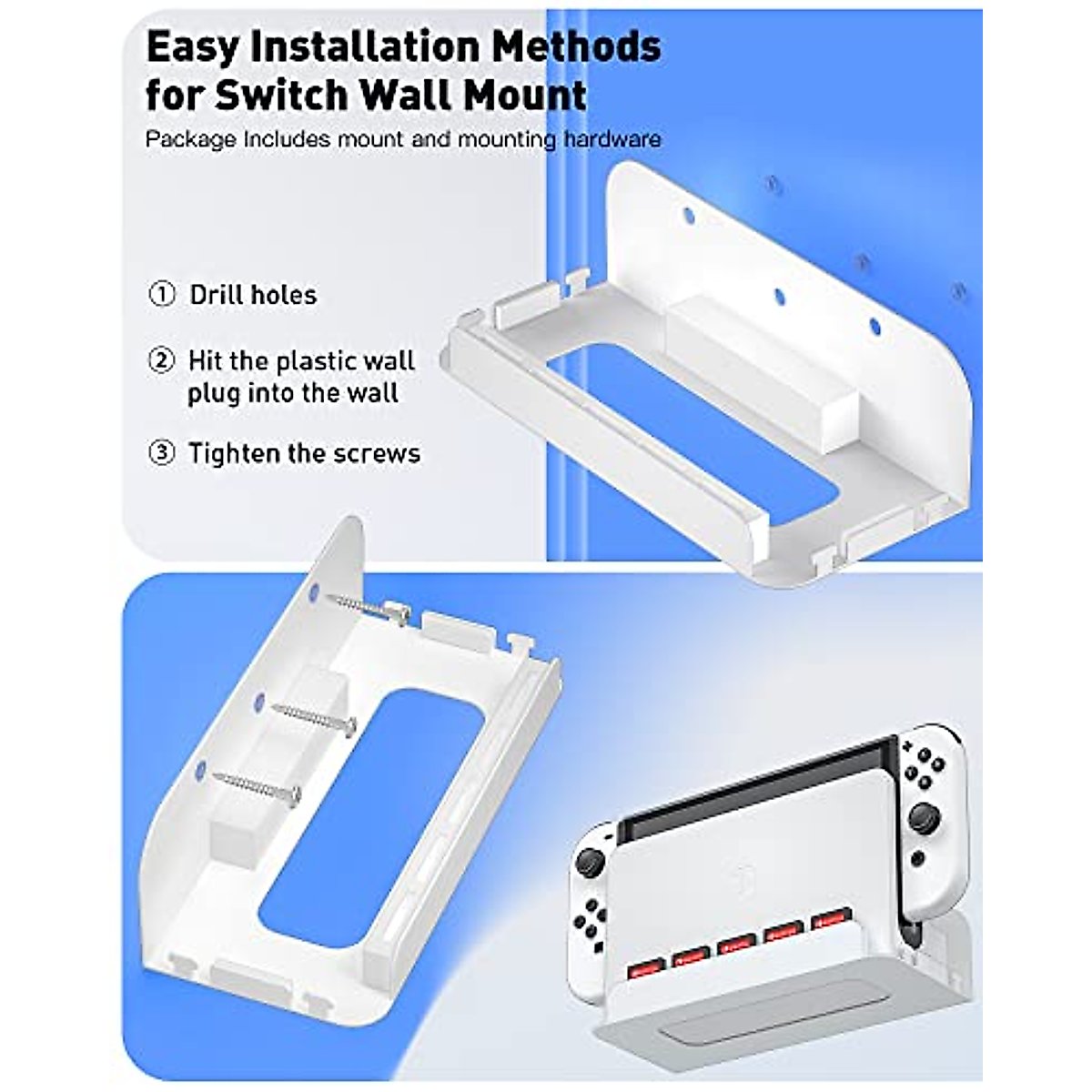 ZAONOOL Wall Mount for Nintendo Switch and Switch OLED, Metal Wall Mount Kit Shelf Stand Accessories with 5 Game Card Holders and 4 Joy Con Hanger, Safely Store Switch Console Near or Behind TV, White