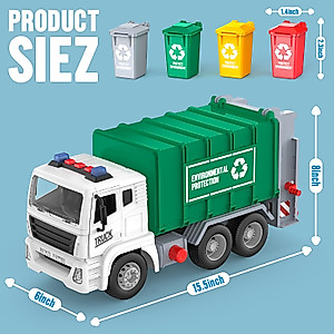 Moritakk 15.5" Large Garbage Truck Toys for 3 4 5 6 7 8 Year Old Boys,Back Dump Garbage Recycling Garbage Truck Toy with 4 Rear Loader Trash Cans,Christmas Birthday Sound Gift for Kids 3+
