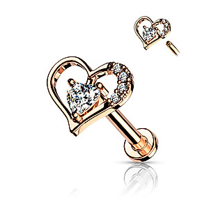 Amelia Fashion 16GA Paved Heart Contour Heart CZ Solitaire Internally Threaded 316L Surgical Steel Flat Back Studs for Labret, Monroe, Cartilage and More (Rose Gold - 16GA (1.2mm) - L.5/16" (8mm))