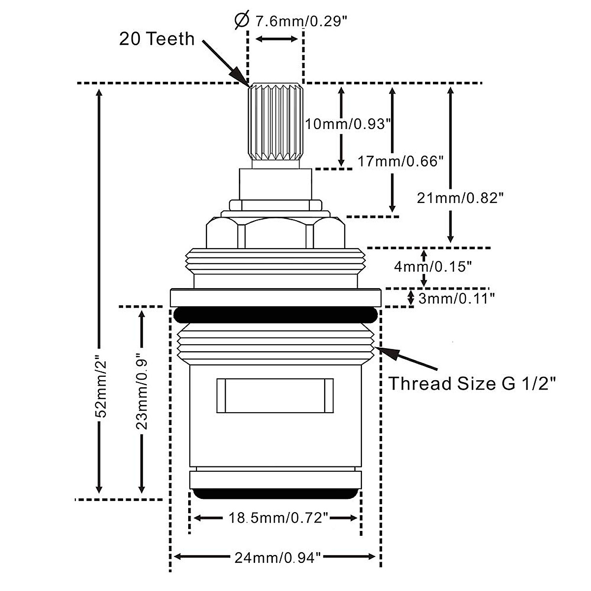 Gaosin Bathroom Basin 2PCS Pair 1/2'' Ceramic Disc Cartridge Replacement Mixer Hot and Cold Tap Inner Faucet Valve Quarter Turn 20 Teeth 52 MM Hot And Cold Pair