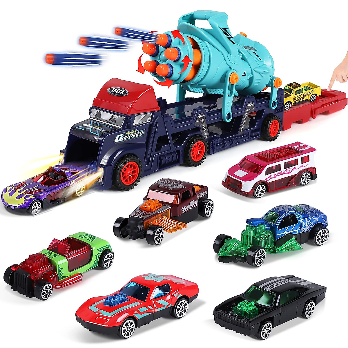 Car Carrier Truck Toys for Kids, Kids Transport Truck Carrier Toys for Boys, 4 in 1 Gatling Gun Catapult Speed Car with 8 Launch Alloy Truck, Ideal Gift for Boys for Kids Aged 3+…