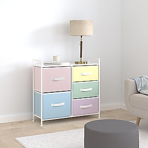 mDesign 30.3" High Steel Frame/Wood Top Storage Dresser Furniture, 5 Fabric Drawers, Tall Bureau Organizer for Baby, Kid, Teen Bedroom, Nursery, Playroom, Dorm, Jane Collection, Bright Multi/White