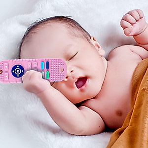 Silicone Baby Teething Toy Remote Control Shaped Baby Teether with a Cute Pacifier Clip Chain Soft Baby Chew Toys Early Sensory Education Molar Toy for Babies 3-18 Months (Pink)