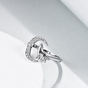 POPLYKE Wolf Moon Ring for Women 925 Sterling Silver Crescent Moon Wolf Ring Jewelry Gifts for Women