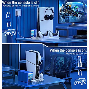 PS5 Slim Stand and Cooling Station with Controller Charging Station for Playsation 5 Slim/PS5 Disc Digital Console, PS5 Accessories Incl. 3 Levels Cooling Fan, 13 Game Slots, 3 USB HUB, Headset Holder