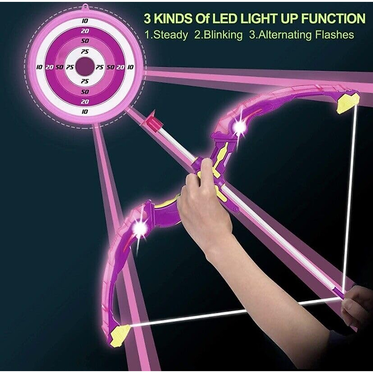 Liberty Imports Kids Bow and Arrow Set - LED Light Up Archery Toy Set with 6 Suction Cup Arrows, Target, Quiver - Indoor and Outdoor Target Practice for Girls (Pink)