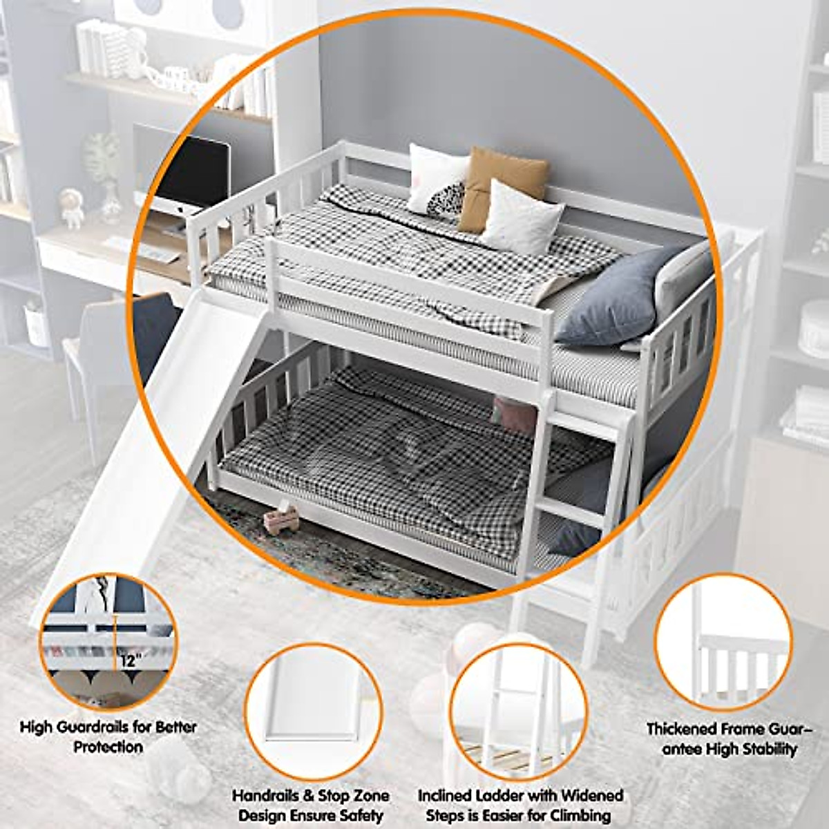 GORELAX Twin Over Twin Size Bunk Bed with Slide, Loft Low Bunk Beds, Wood Floor Bed Frame with Ladder & Guardrail, No Box Spring Needed, Space-Saving Modern Bunk Bed for Kids, Adults (White)