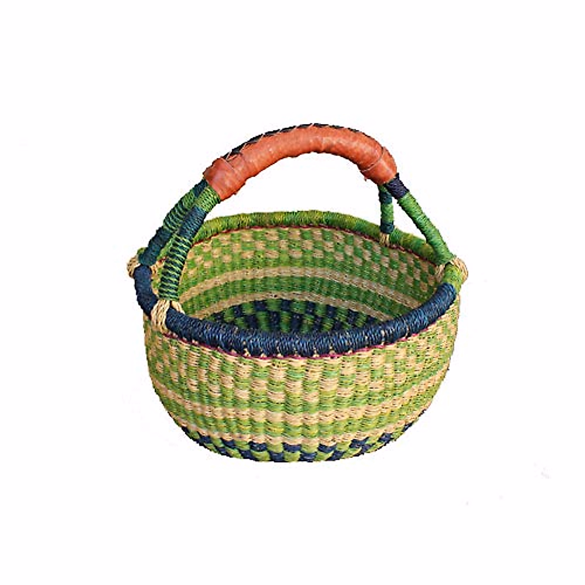 African Market Basket, Small Round Woven Straw Basket with Handle Fair Trade Storage Container