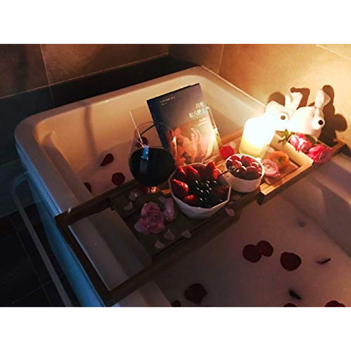 Bathtub Tray Bamboo Bathtub Caddy Tray with Extending Sides Adjustable Book Holder with Premium Luxury Tray Organizer for Phone and Wineglass (Wooden)