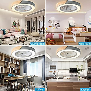 BESKETIE 20" Wood Ceiling Fan with Lights, Modern Enclosed Low Profile Ceiling Fan Light with Remote Control, Dimmable 3 Color 6 Wind Speed Indoor LED Fan Lamp for Bedroom, Living Room, Kitchen - Grey