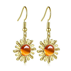 14K Gold Sun Drop Dangle Earrings for Women Unique Orange Carnelian Hippie Earrings Crystal Sun Jewelry Gifts (Sun Earrings)