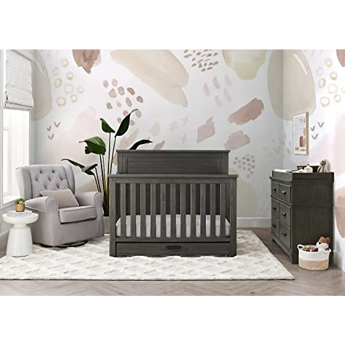 Delta Children Simmons Kids Caden 6-in-1 Convertible Crib with Trundle Drawer, Greenguard Gold Certified, Rustic Grey